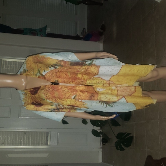 Sweaters | Nwt Boho Chic Sunflower Print Kimono Coverup Duster Raw Hems ...